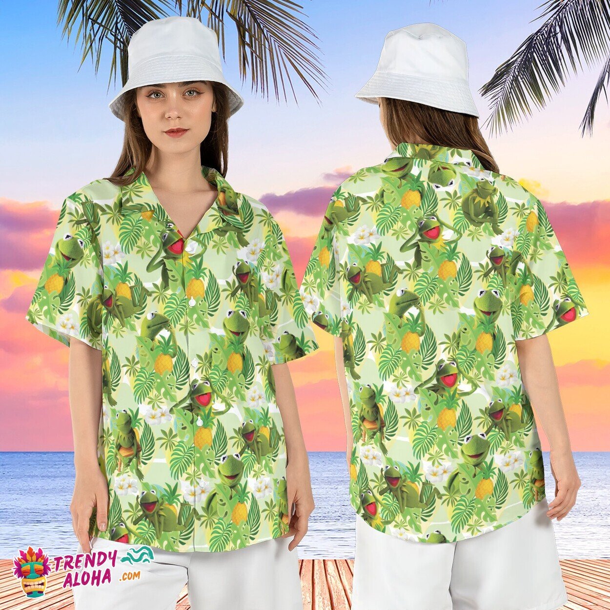 Kermit Frog Pineapple Tropical Muppets Show Vacation Aloha Shirt - Trendy Aloha